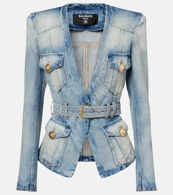 Balmain Belted Cotton Denim Jacket - Blue