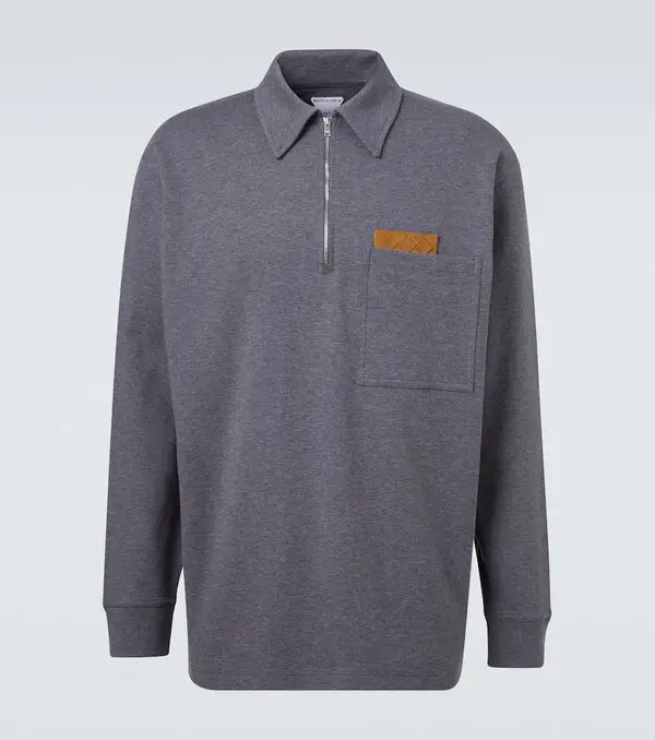 Bottega Veneta Intrecciato Cotton Jersey Polo Sweater - Grey