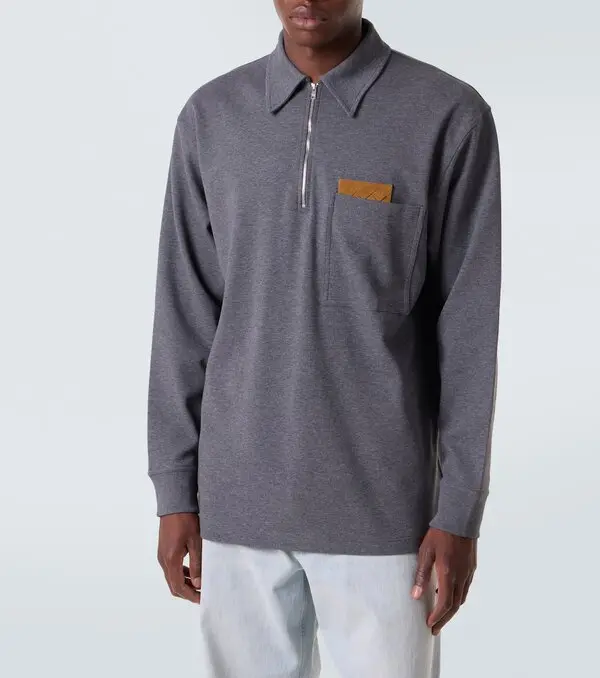 Bottega Veneta Intrecciato Cotton Jersey Polo Sweater - Grey