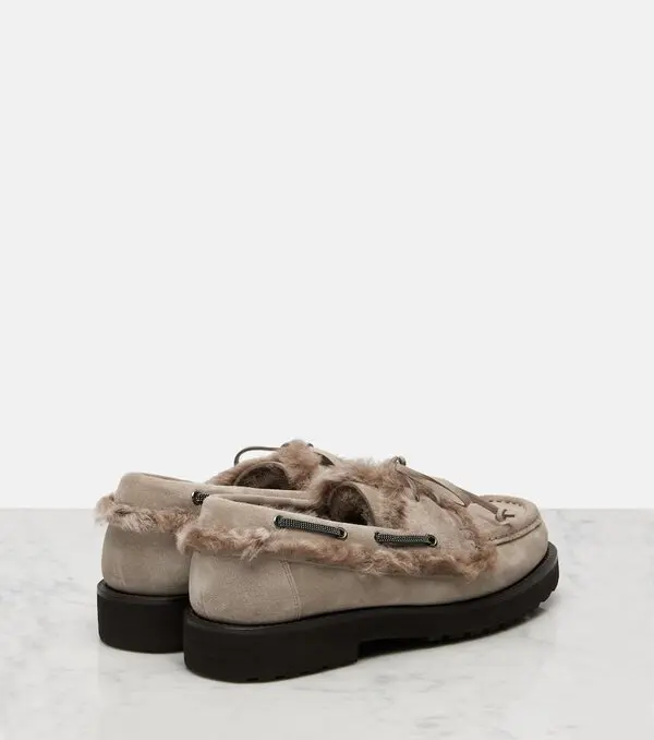 Brunello Cucinelli Monili Shearling-trimmed Suede Boat Shoes - Beige