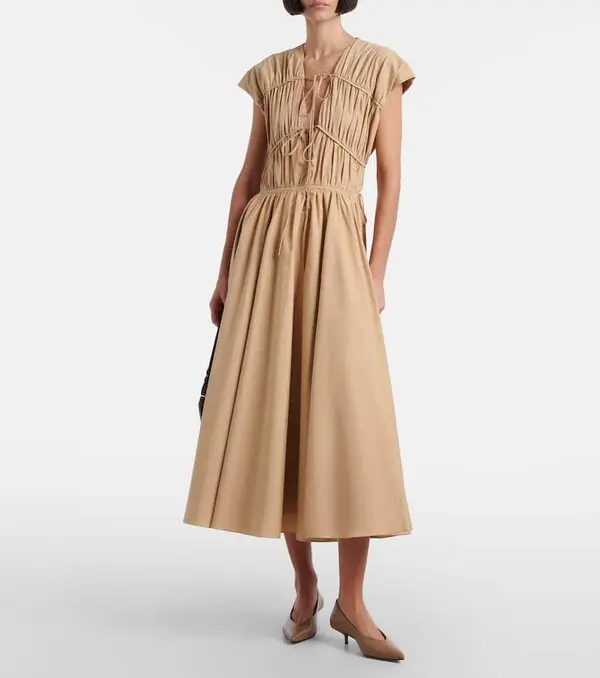 Tove Ceres Gathered Cotton Midi Dress - Beige