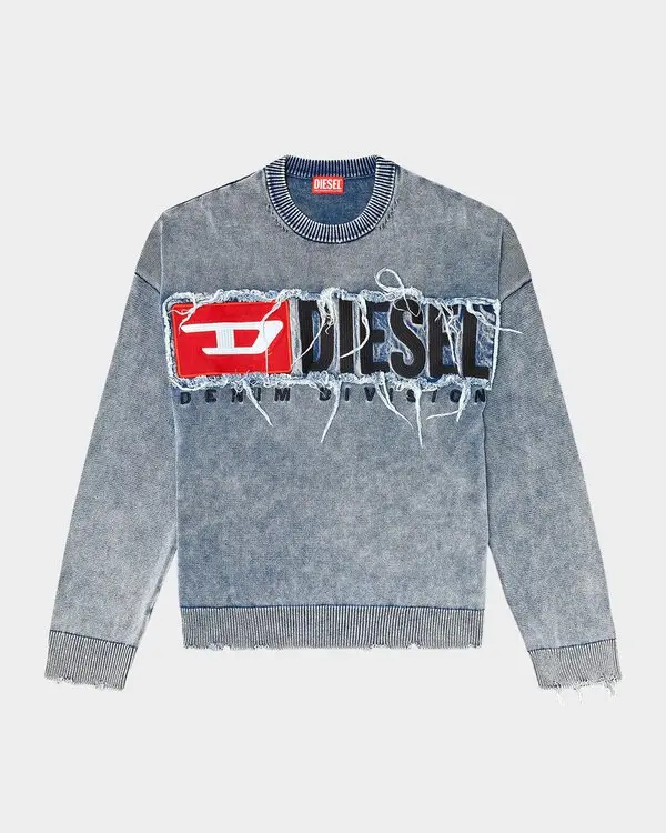 Diesel K-fronzi Frayed Denim Logo Crewneck Sweater - Peacoat Bl