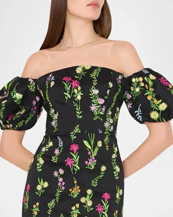 MILLY Nira Off-shoulder Embroidered Midi Dress - Black Mult