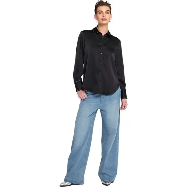 ELLE COLLECTION Satin Button-down Shirt With Sparkle Trim - Black/sparkle