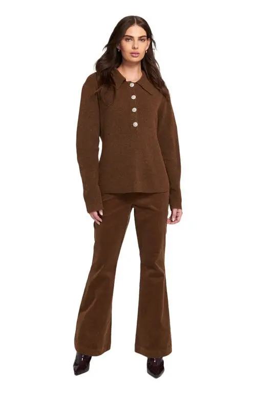 ELLE COLLECTION Fuzzy Knit Henley Sweater - Chocolate