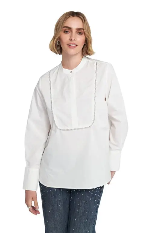 ELLE COLLECTION Beaded Bib Poplin Blouse