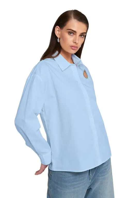 ELLE COLLECTION Rhinestone Trim Cutout Cotton Shirt