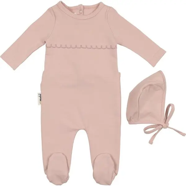 MANIÈRE Embroidered Yoke Footie & Hat Set - Powder Pink