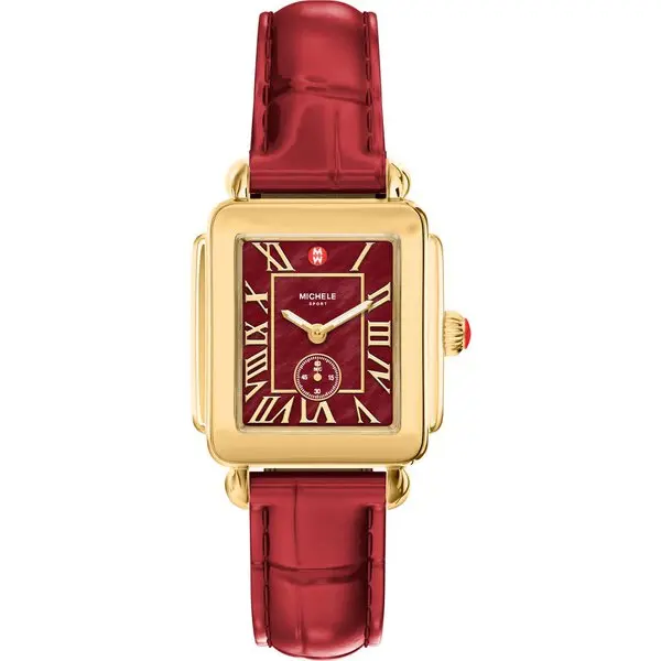 Michele Deco Sport Mid Leather Strap Watch - Red