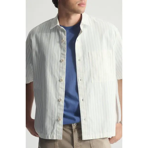 Brooklyn Industries Stripe Short Sleeve Cotton Button-up Shirt - Bel Air Blue