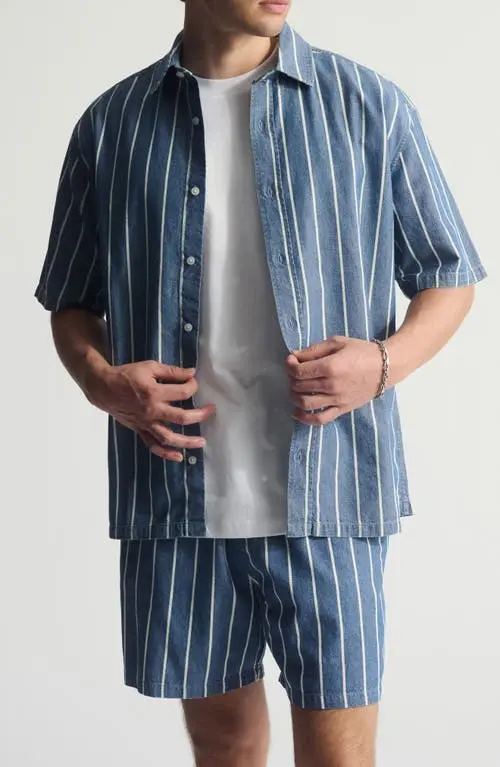 Brooklyn Industries Stripe Short Sleeve Cotton Button-up Shirt - Blue Striped