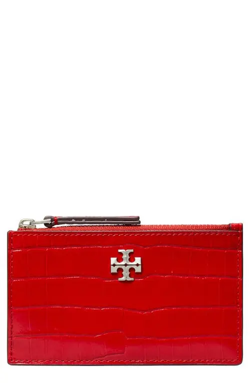 Tory Burch Kira Croc Texture Leather Zip Card Case - Red Sky