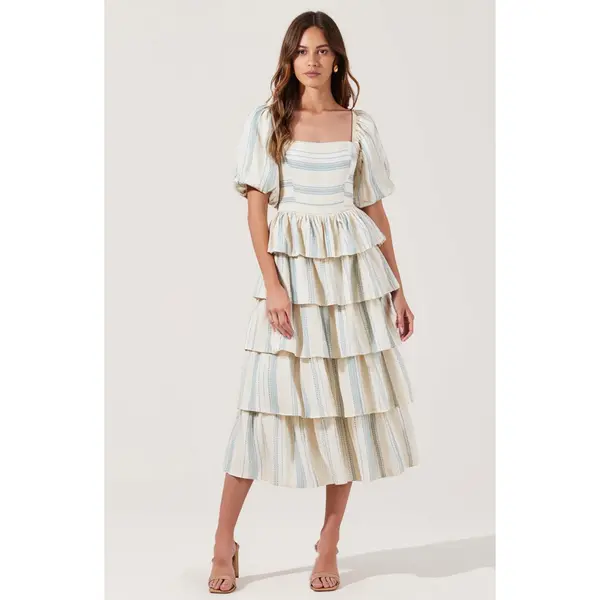 MODENAIRE Puff-sleeve Tiered Maxi Dress With Smocked Bodice - Beige