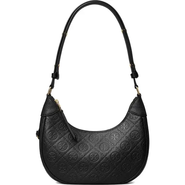 Tory Burch T Monogram Pebble Leather Crescent Shoulder Bag - Black
