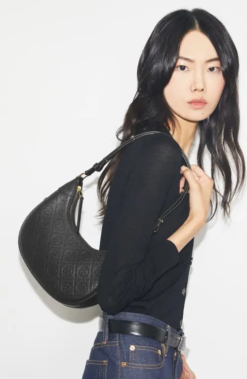 Tory Burch T Monogram Pebble Leather Crescent Shoulder Bag - Black