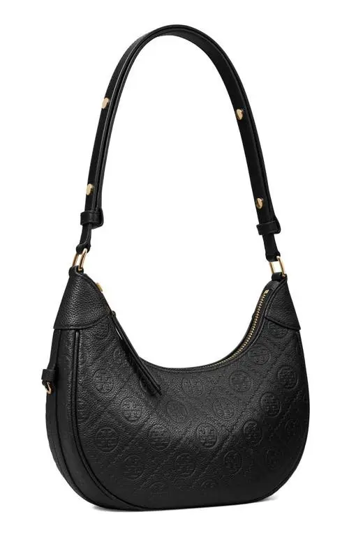 Tory Burch T Monogram Pebble Leather Crescent Shoulder Bag - Black