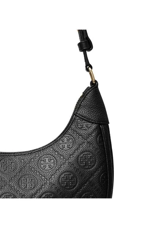 Tory Burch T Monogram Pebble Leather Crescent Shoulder Bag - Black