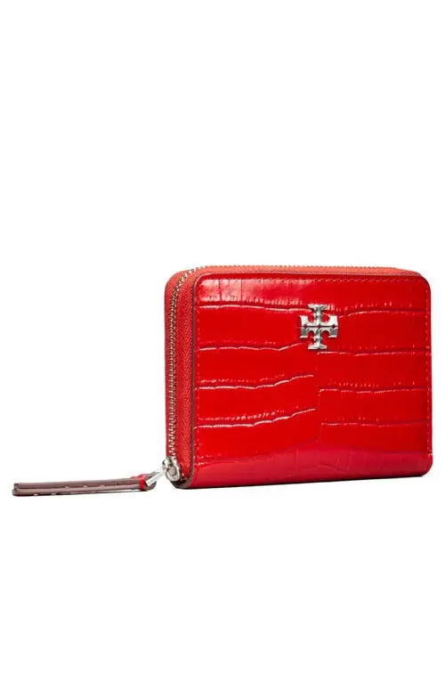 Tory Burch Small Kira Croc Texture Leather Zip Wallet - Red Sky