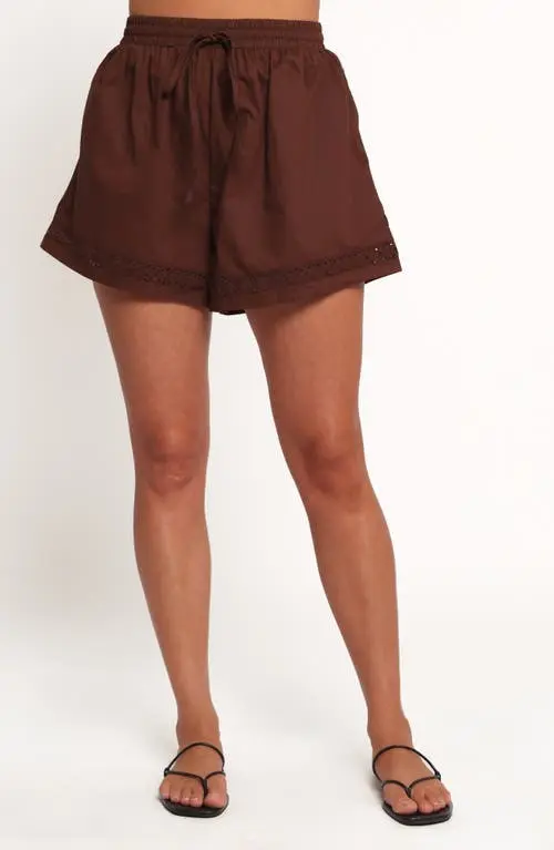 PETAL & PUP Austin Cotton Eyelet Trim Drawstring Shorts - Chocolate