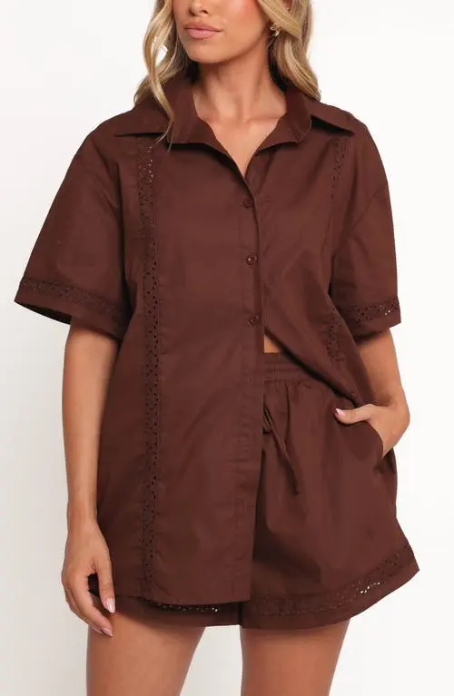 PETAL & PUP Austin Cotton Eyelet Trim Drawstring Shorts - Chocolate
