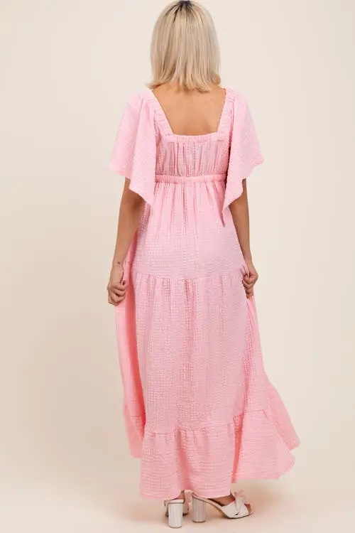 PINKBLUSH Woven Textured Flutter Sleeve V-neck Tiered Maxi Dress - Light Pink