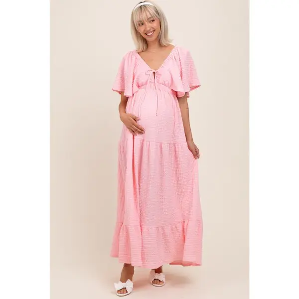 PINKBLUSH Woven Textured Flutter Sleeve V-neck Tiered Maxi Dress