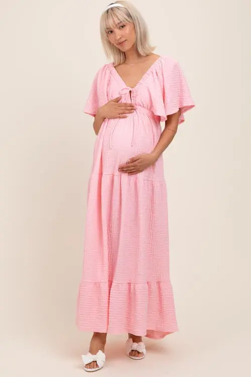 PINKBLUSH Woven Textured Flutter Sleeve V-neck Tiered Maxi Dress