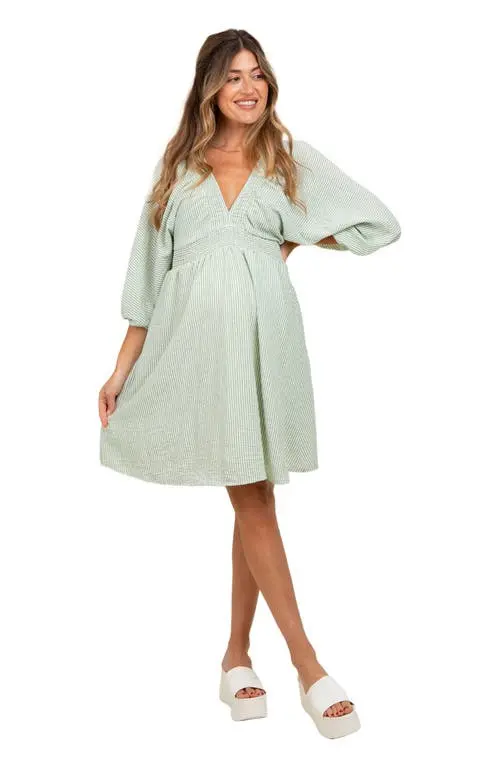 PINKBLUSH Striped Balloon Sleeve V-neck Dress - Light Olive