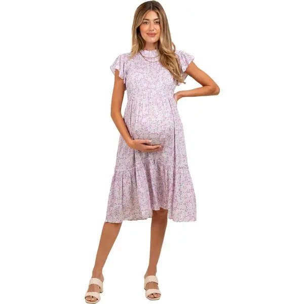PINKBLUSH Floral Mock Neck Ruffle Sleeve Midi Dress - Pink