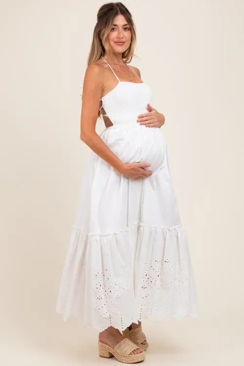 PINKBLUSH Smocked Open Back Lace Hem Maxi Dress
