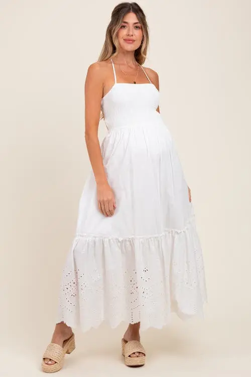 PINKBLUSH Smocked Open Back Lace Hem Maxi Dress