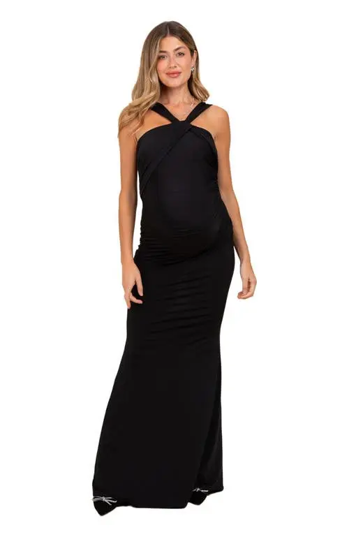PINKBLUSH Maxi Dress With Twist Front And Ruching - Black