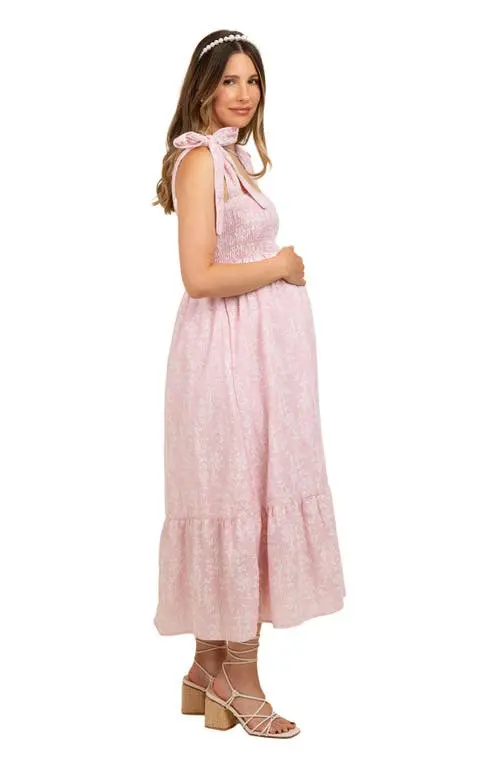 PINKBLUSH Floral Smocked Shoulder Tie Maternity Midi Dress
