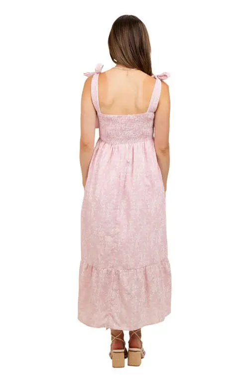 PINKBLUSH Floral Smocked Shoulder Tie Maternity Midi Dress