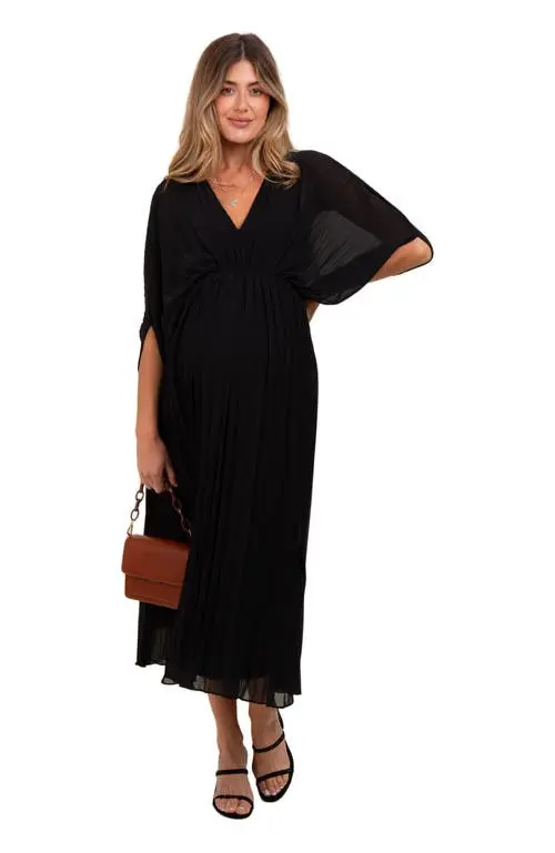 PINKBLUSH Pleated V-neck Maxi Maternity Dress - Black
