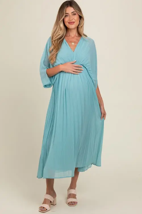 PINKBLUSH Pleated V-neck Maxi Maternity Dress - Blue