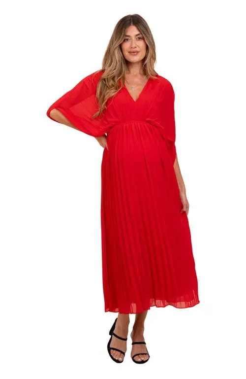 PINKBLUSH Pleated V-neck Maxi Maternity Dress - Red