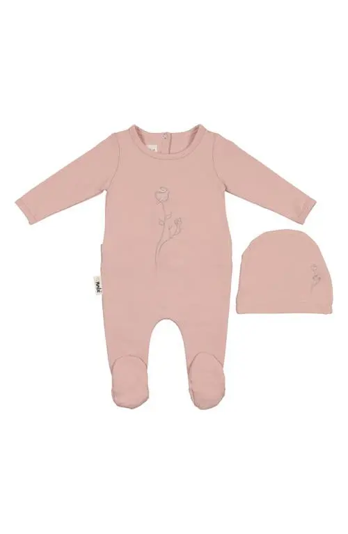 MANIÈRE Embroidered Rose Footie & Hat Set - Mauve