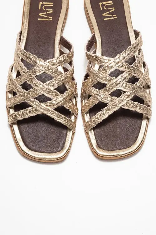 FOREVER & ALWAYS SHOES Alisha Leather Slide Sandal - Gold Leather