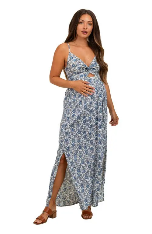 PINKBLUSH Floral V-neck Twist Front Keyhole Maxi Dress