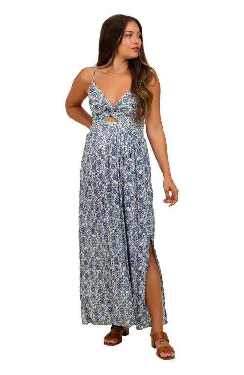 PINKBLUSH Floral V-neck Twist Front Keyhole Maxi Dress - Blue
