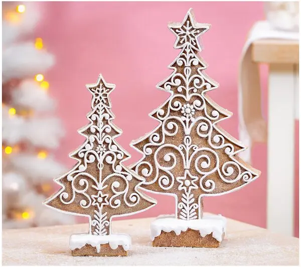 EVERGREEN Set Of 2 Resin Iced Gingerbread Trees Table Decor - One-color