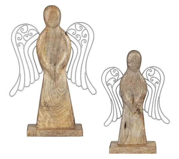 EVERGREEN Set Of 2 Wood & Metal Angels Table De Cor - One-color