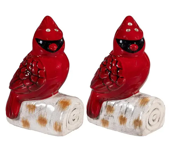 EVERGREEN 2-set Ceramic Cardinal On Log Salt & Pepper Shakers - One-color