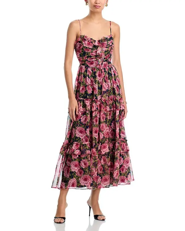 Aqua Floral Print Ruched Sleeveless Midi Dress - Pink - 68% Off |  Editorialist