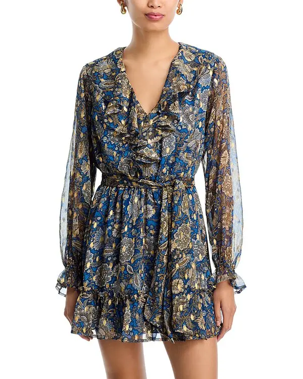 Aqua Metallic Ruffle Trim Dress