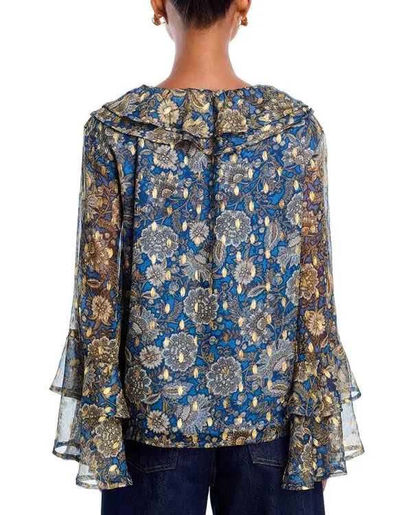 Aqua Block Floral Metallic Dot Ruffle Tie Front Blouse