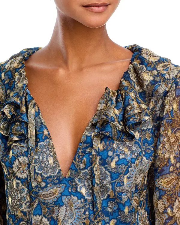 Aqua Block Floral Metallic Dot Ruffle Tie Front Blouse