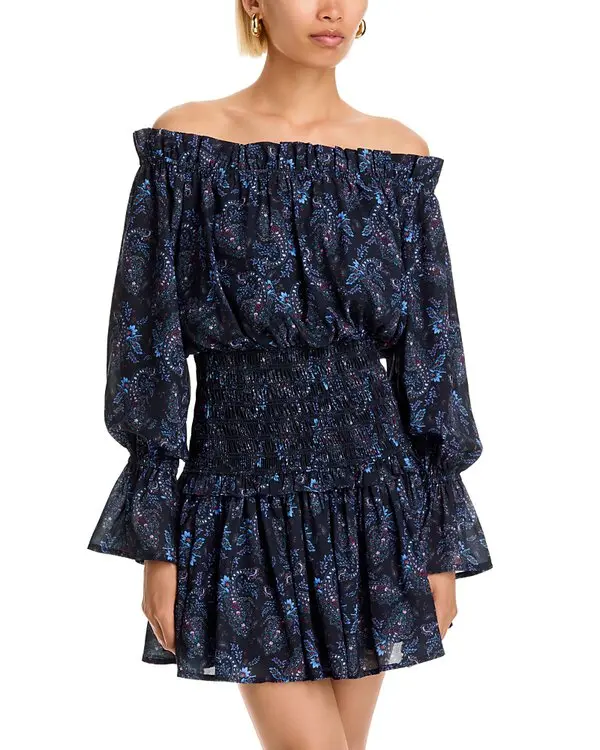 Aqua Off-the-shoulder Smocked Mini Dress