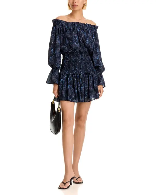 Aqua Off-the-shoulder Smocked Mini Dress